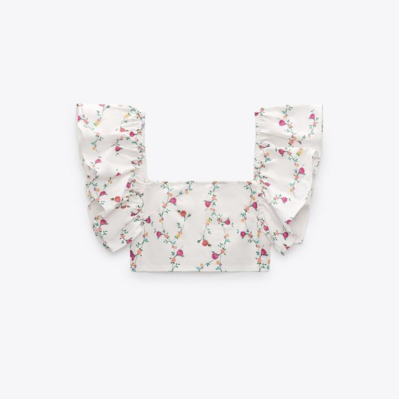 Zara | Tops | Zara Floral Crop Top With Ruffle Shoulder | Poshmark